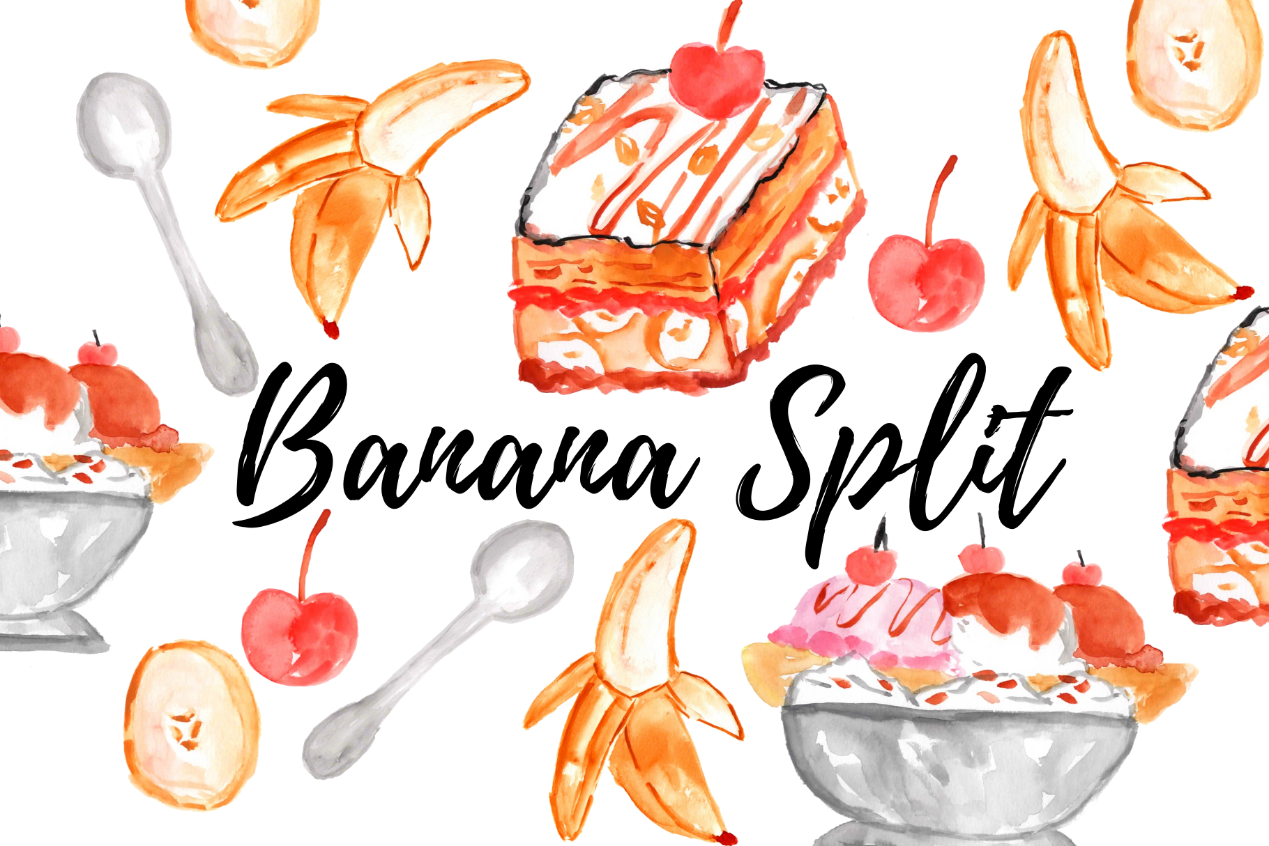 Watercolor Banana Split Clipart, a Food Illustration by Writelovely