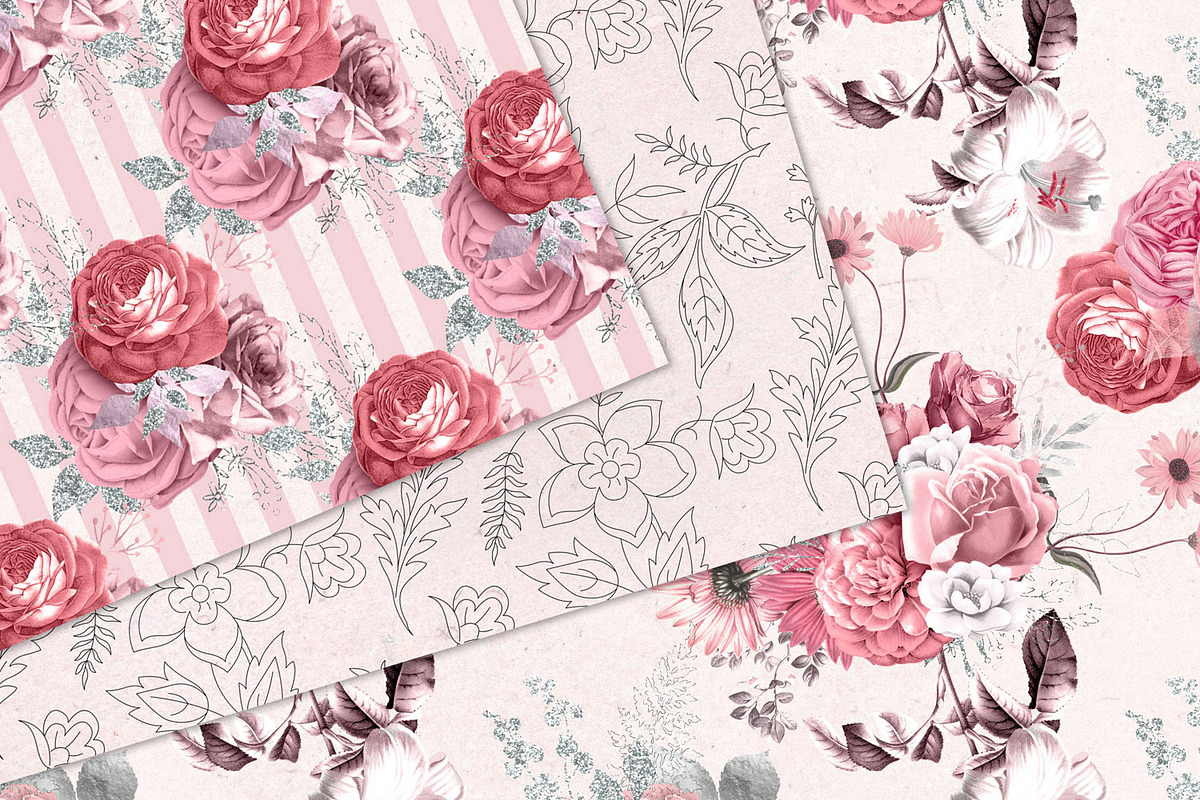 Pink Floral Digital Paper, a Pattern Graphic by Digital Curio