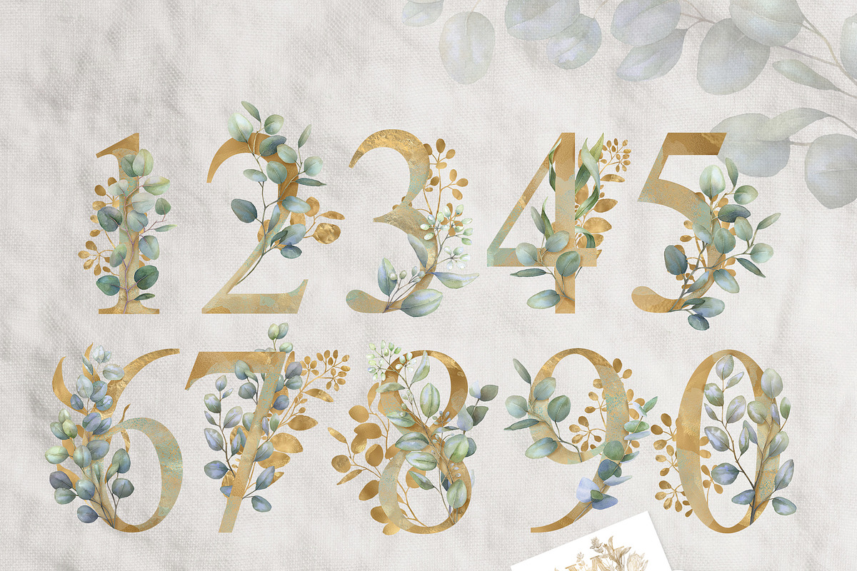 Gold Eucalyptus monogram letters, an Illustration by WonderWonder