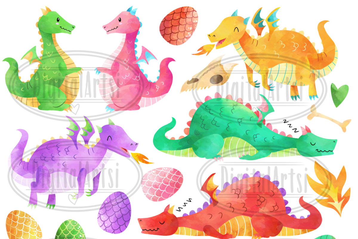 Watercolor Dragons Clipart, an Illustration by DigitalArtsi
