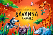 Savanna animals. Watercolor clipart, an Animal Illustration by Aksol