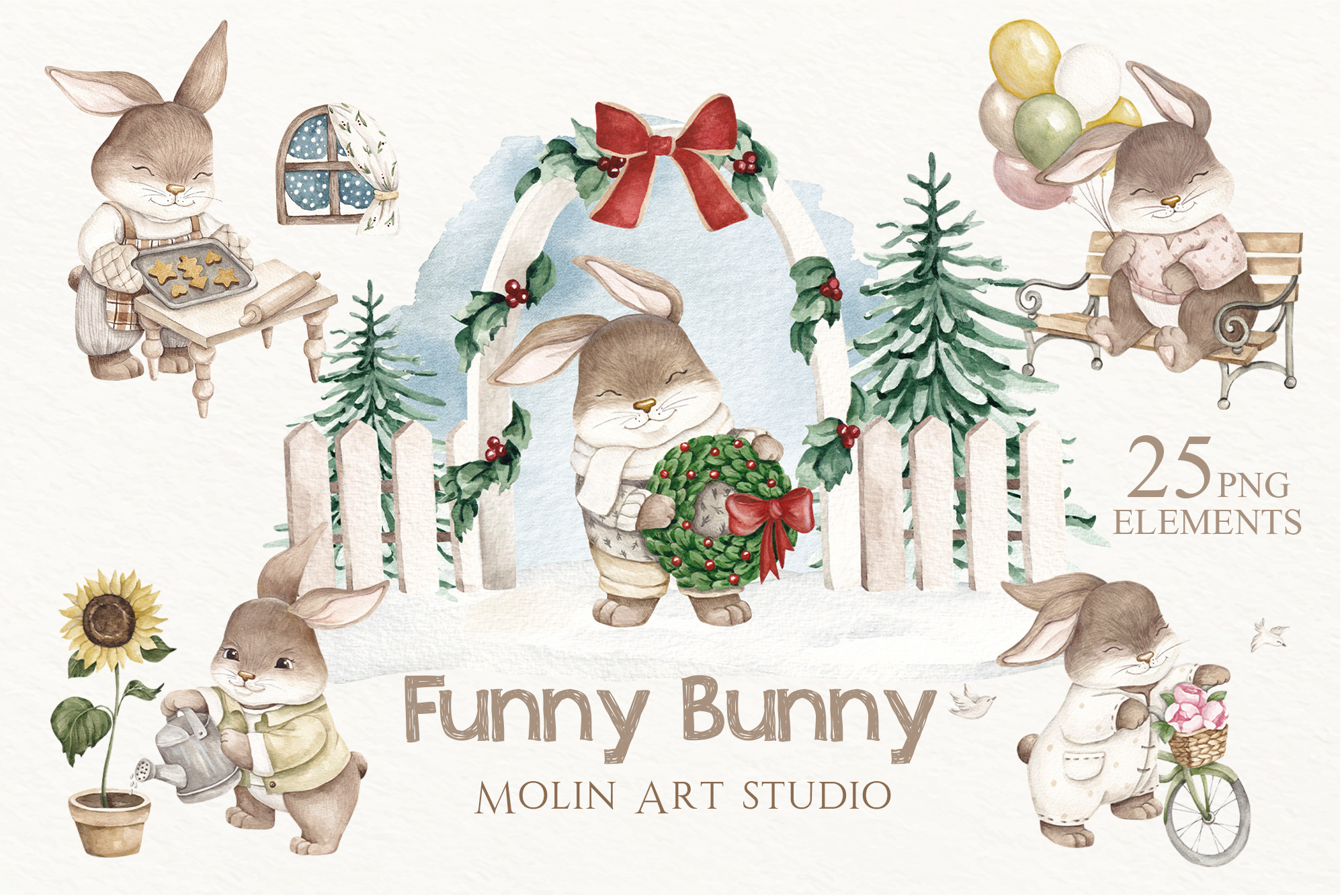 Cute Bunny Watercolor Clipart, an Animal Illustration by MolinArtStudio ...