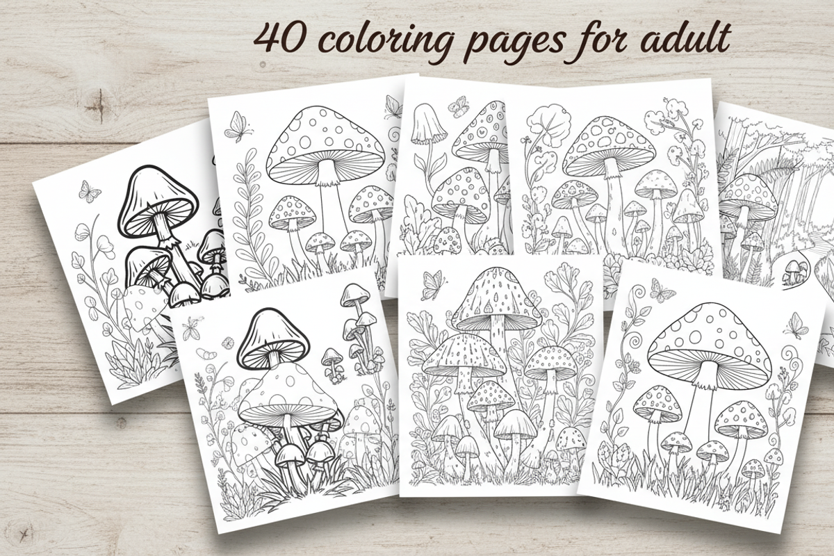 40 Mushroom Forest Coloring Pages, an Illustration by Amazin_art