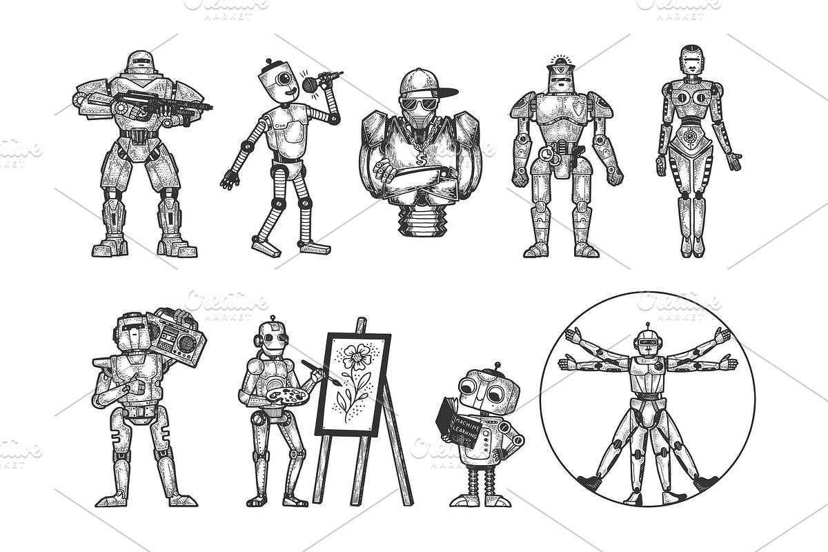 Robots set sketch vector, an Object Illustration by AlexArt