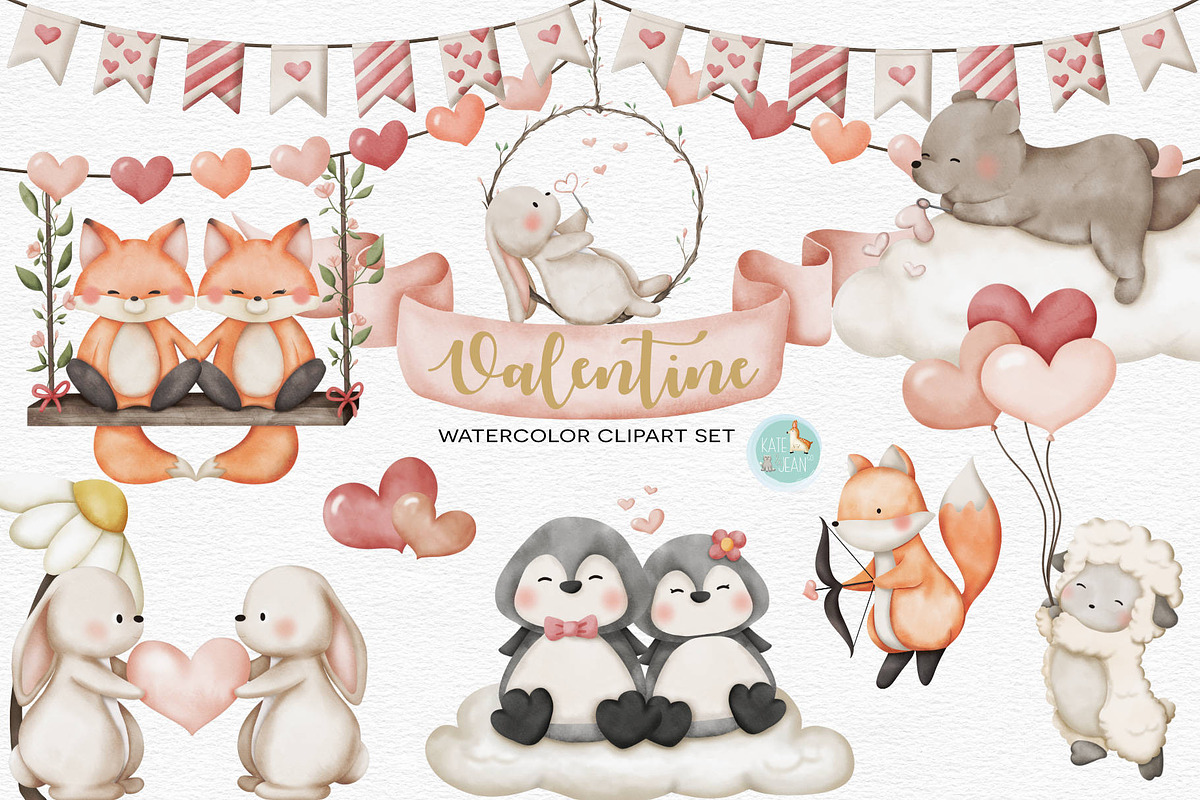Valentine's Watercolor Clipart Set, an Animal Illustration by ...