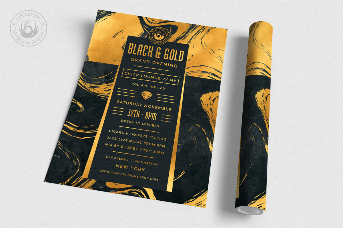 Black and Gold Flyer Template V12, a Flyer Template by ThatsDesign Art