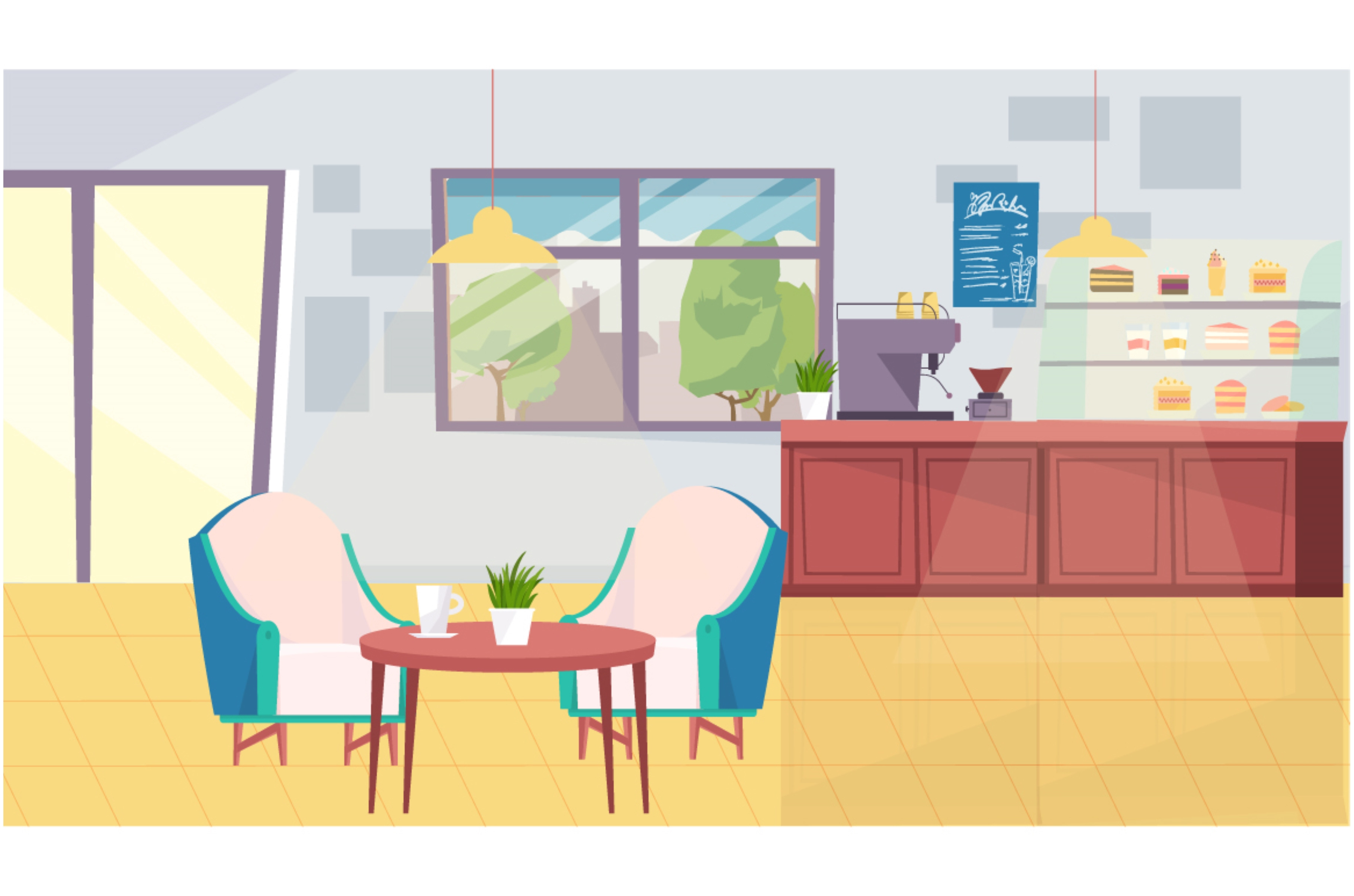 Coffee shop interior concept flat, a Food Illustration by Dessign Sells