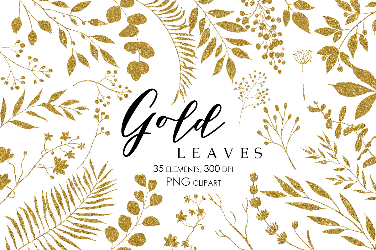 Gold Glitter Leaves Clipart, an Object Graphic by SimpleWishesArt