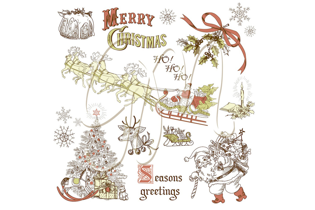 Christmas vintage style clip art, an Illustration by GraphicMarket