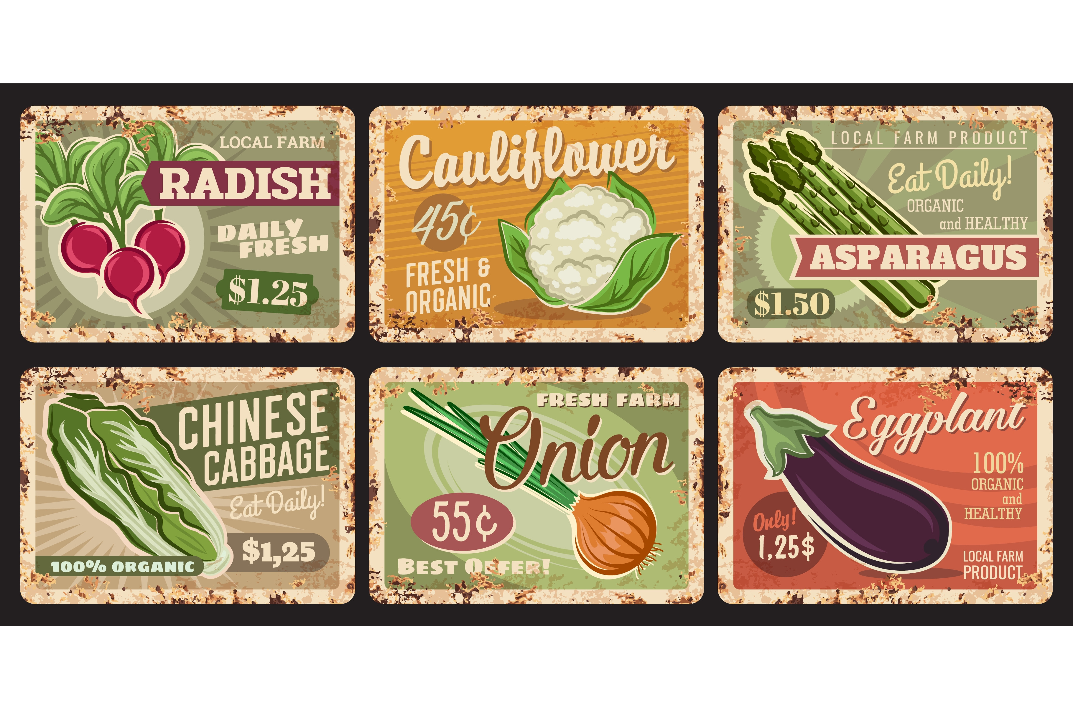 Vegetables rusty metal plates, a Food Illustration by Vector Tradition