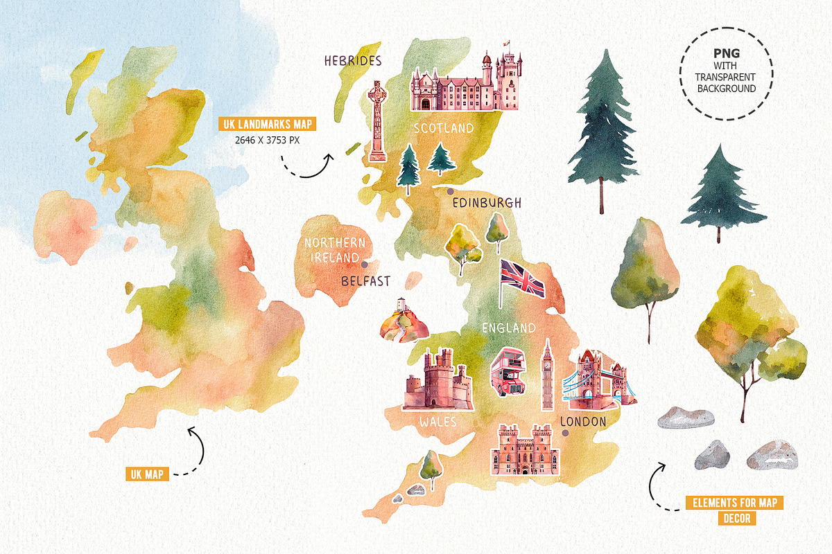 GREAT BRITAIN. Watercolor set, an Object Illustration by VerAna