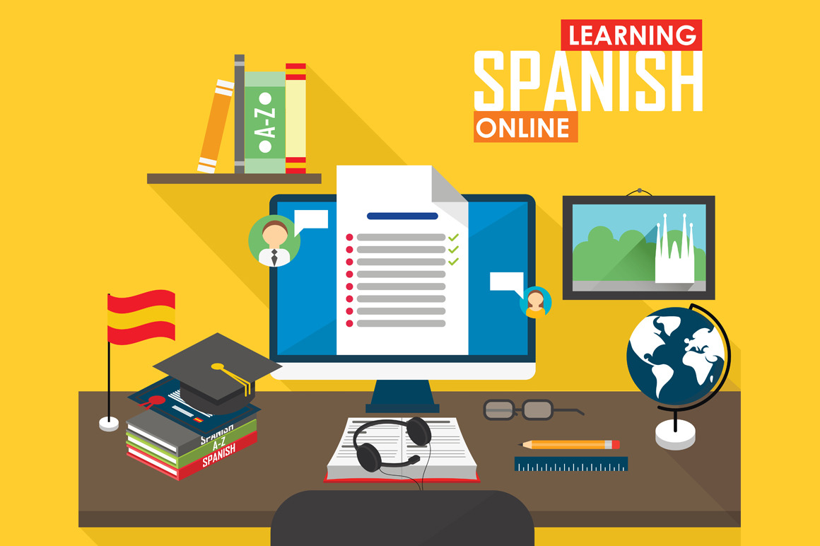 E-learning Spanish language., an Education Illustration by studioworkstock
