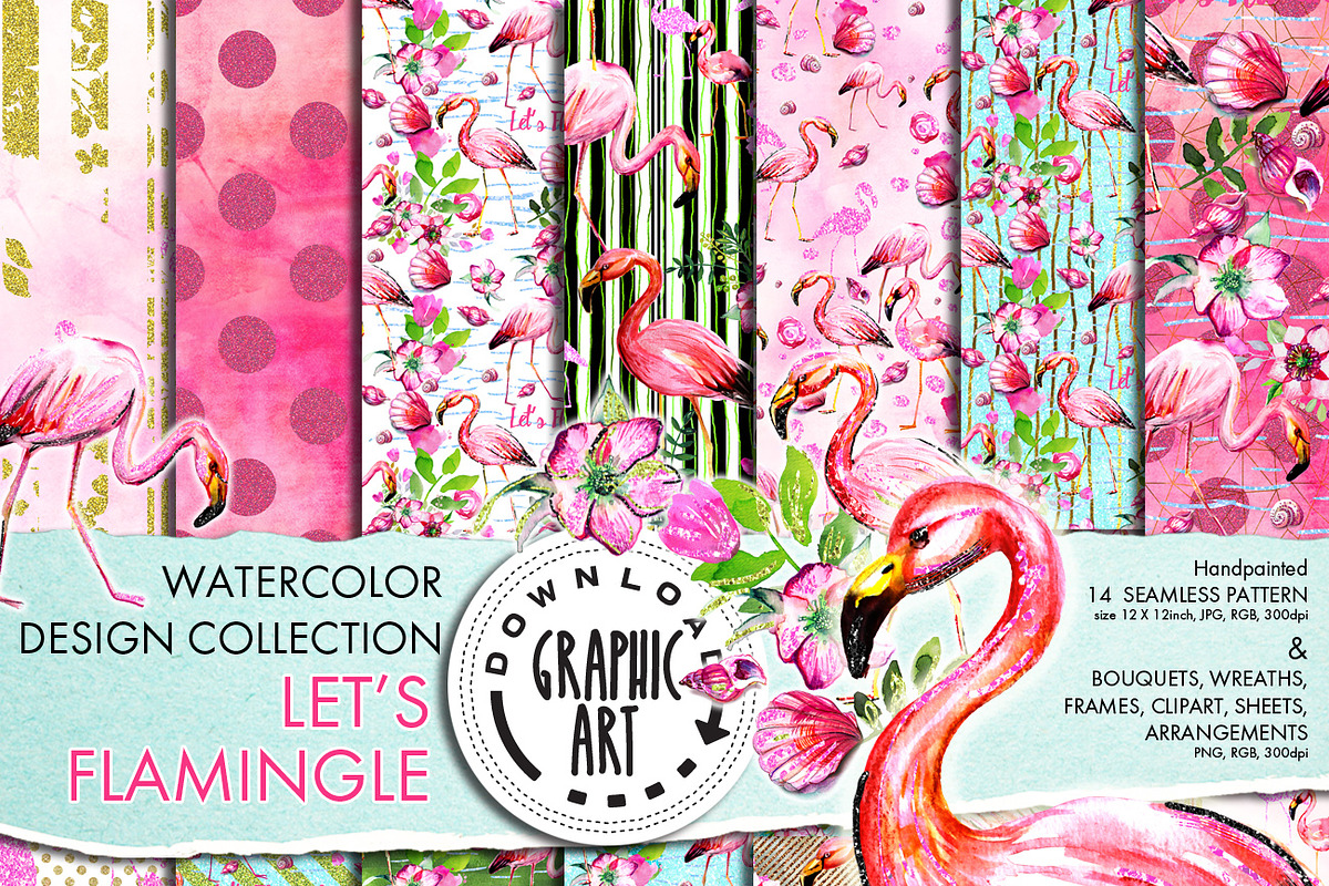Flamingo Digital Pattern Paper Set, an Illustration by Download Graphic Art