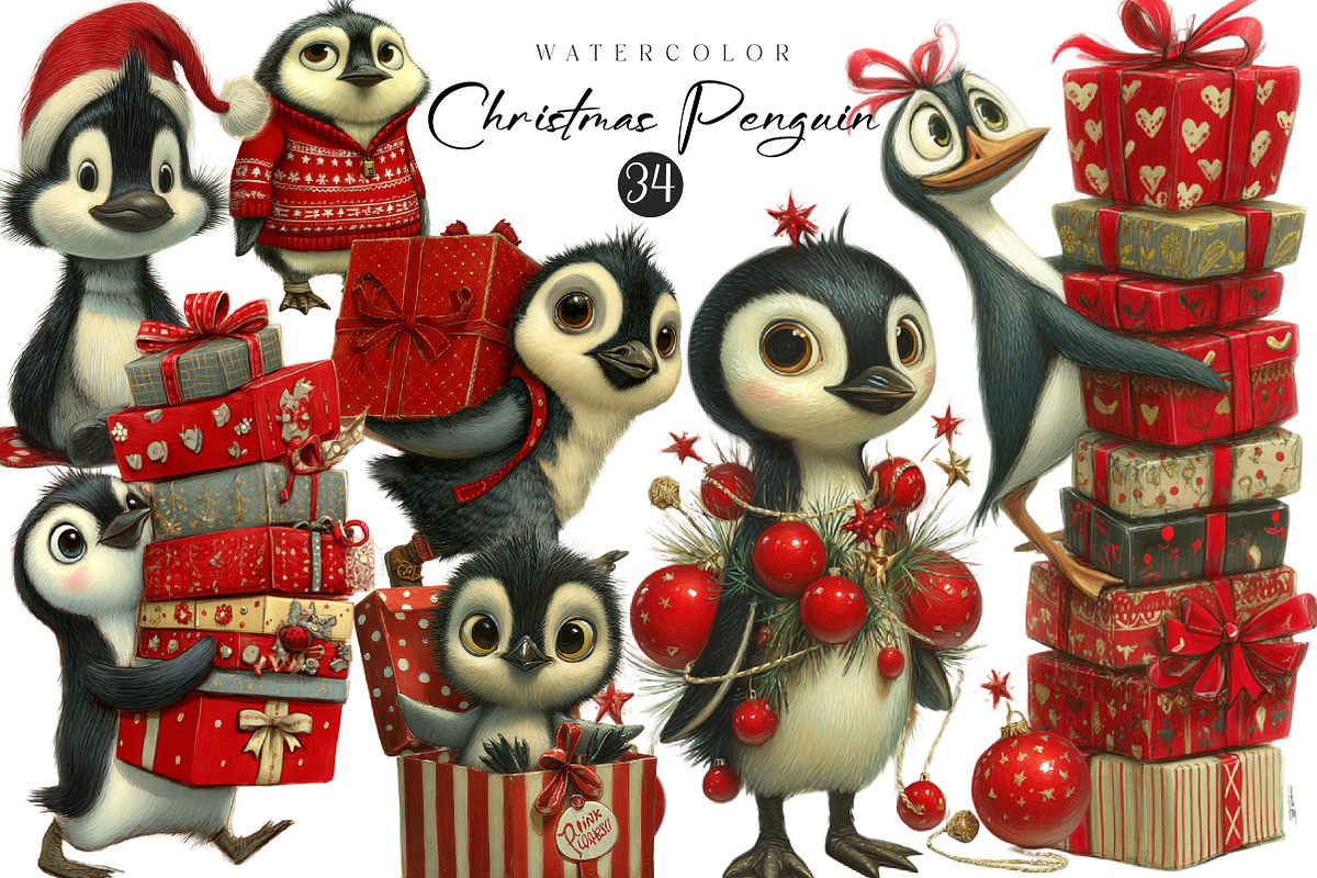 Christmas Penguin Clipart, an Illustration by CreationArt