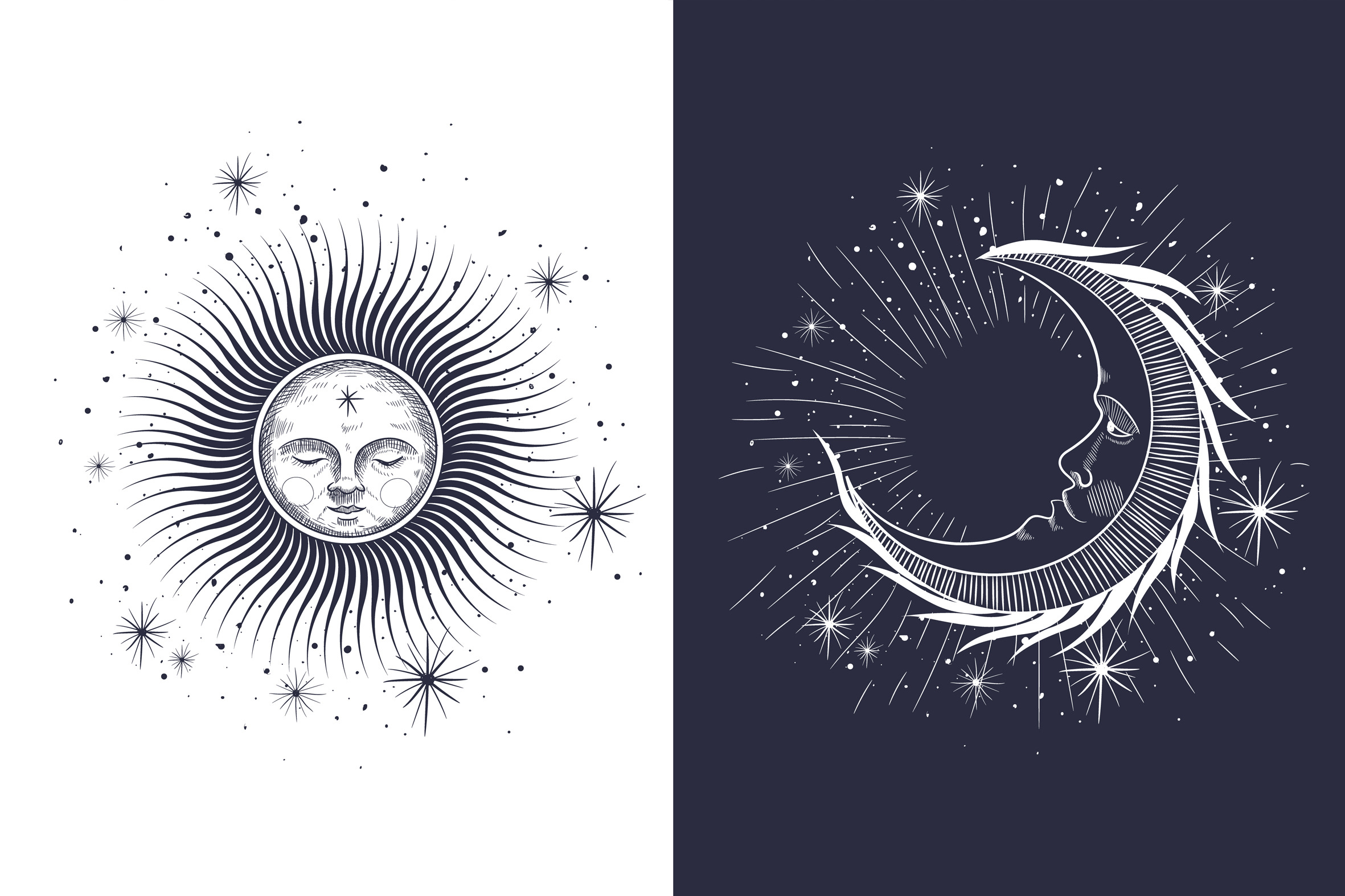 engraving. Sun and moon, an Illustration by Chikovnaya | Creative Market