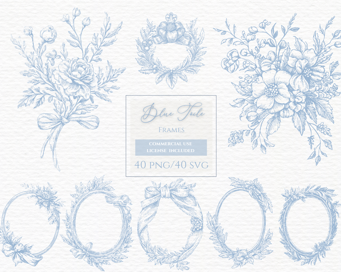 French blue frame clipart, toile png, a Decorative Illustration by ...