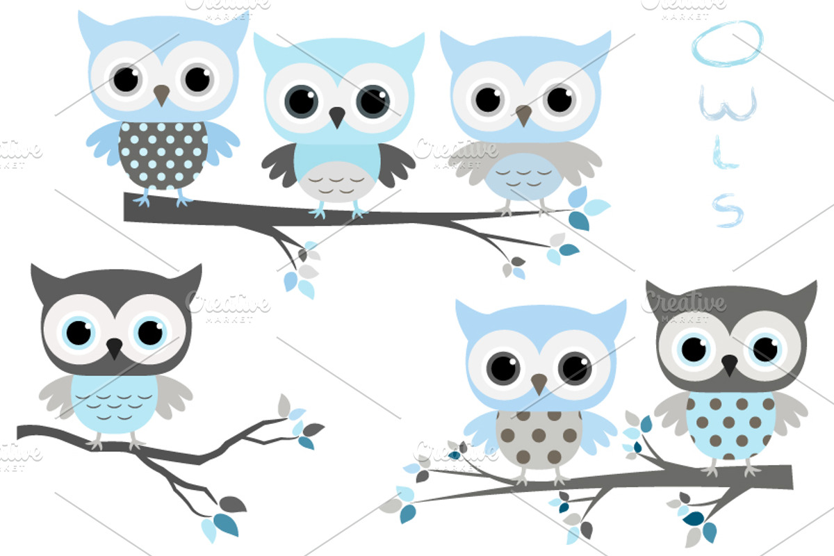Cute blue and grey owls clip art set, an Animal Illustration by ...