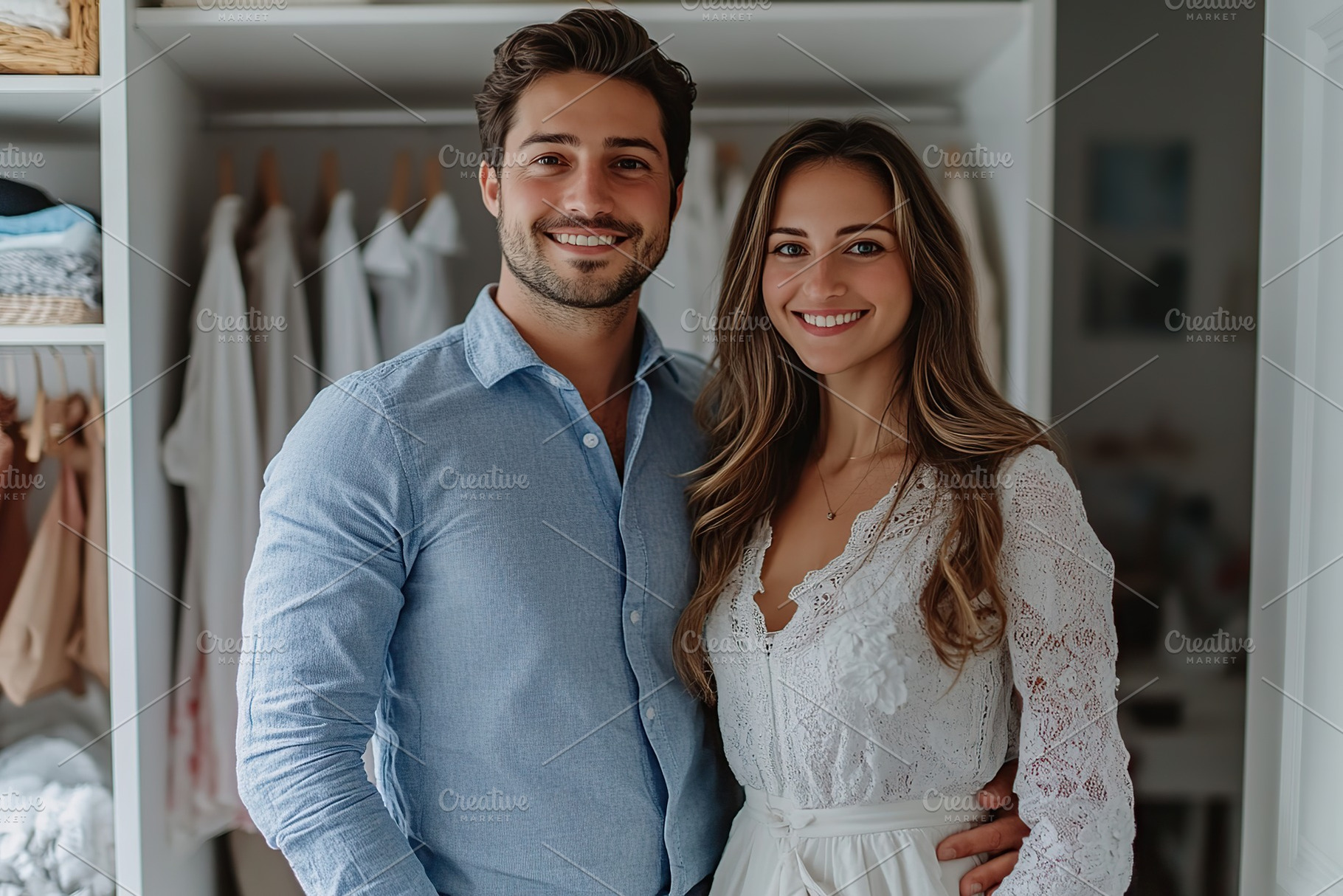Young couple in wardrobe room with clothes and accessories, a Person ...