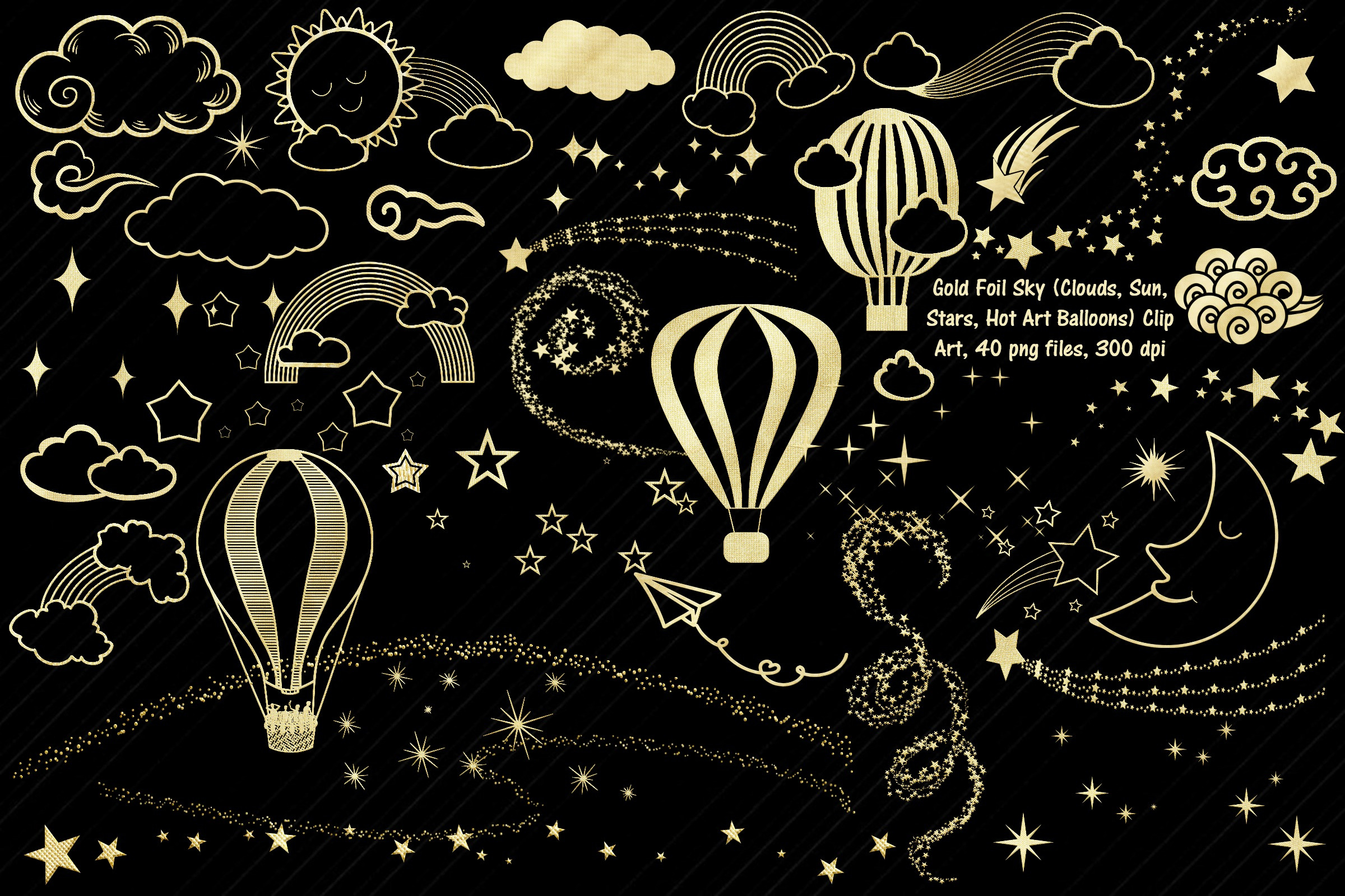 Gold Foil Sky Elements Clip Art, an Illustration by FrankiesDaughtersDesign