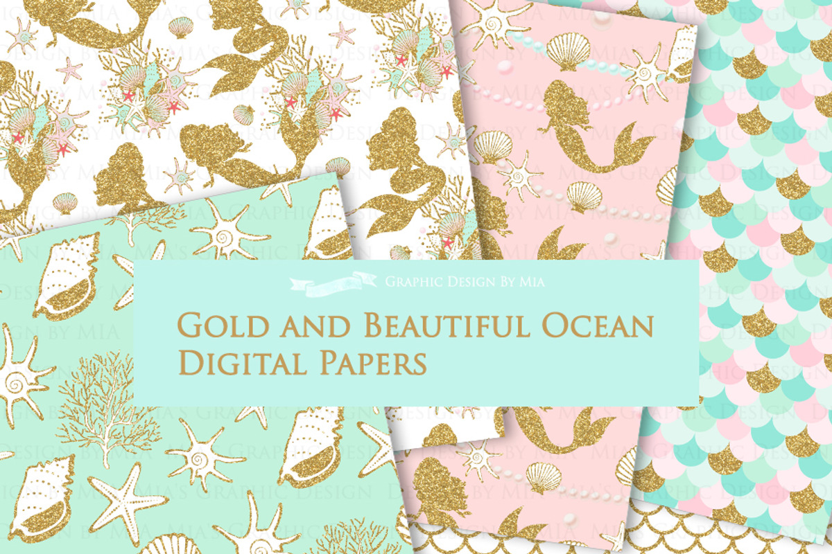 Mermaid Gold Clipart,Pattern, an Illustration by Mia's Graphic Design