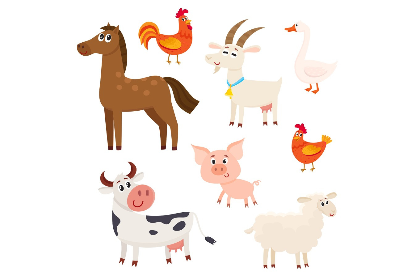 Farm animals - cow, sheep, horse, pig, goat, rooster, hen, goose, an ...