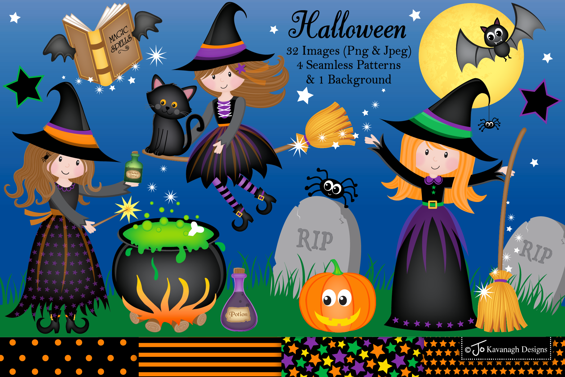 Halloween witch clipart & paper -C14, an Illustration by Jo Kavanagh ...
