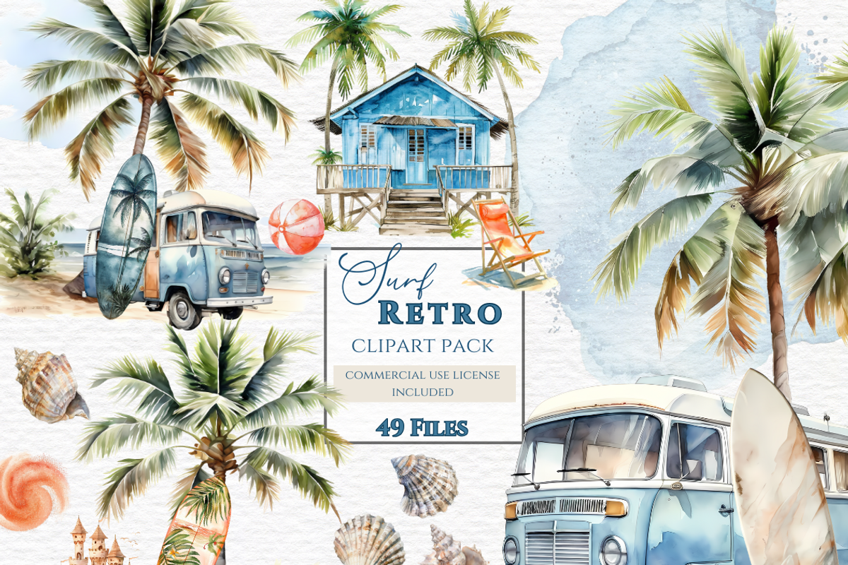 Retro surf clipart, wave border, a Decorative Illustration by Invite to ...