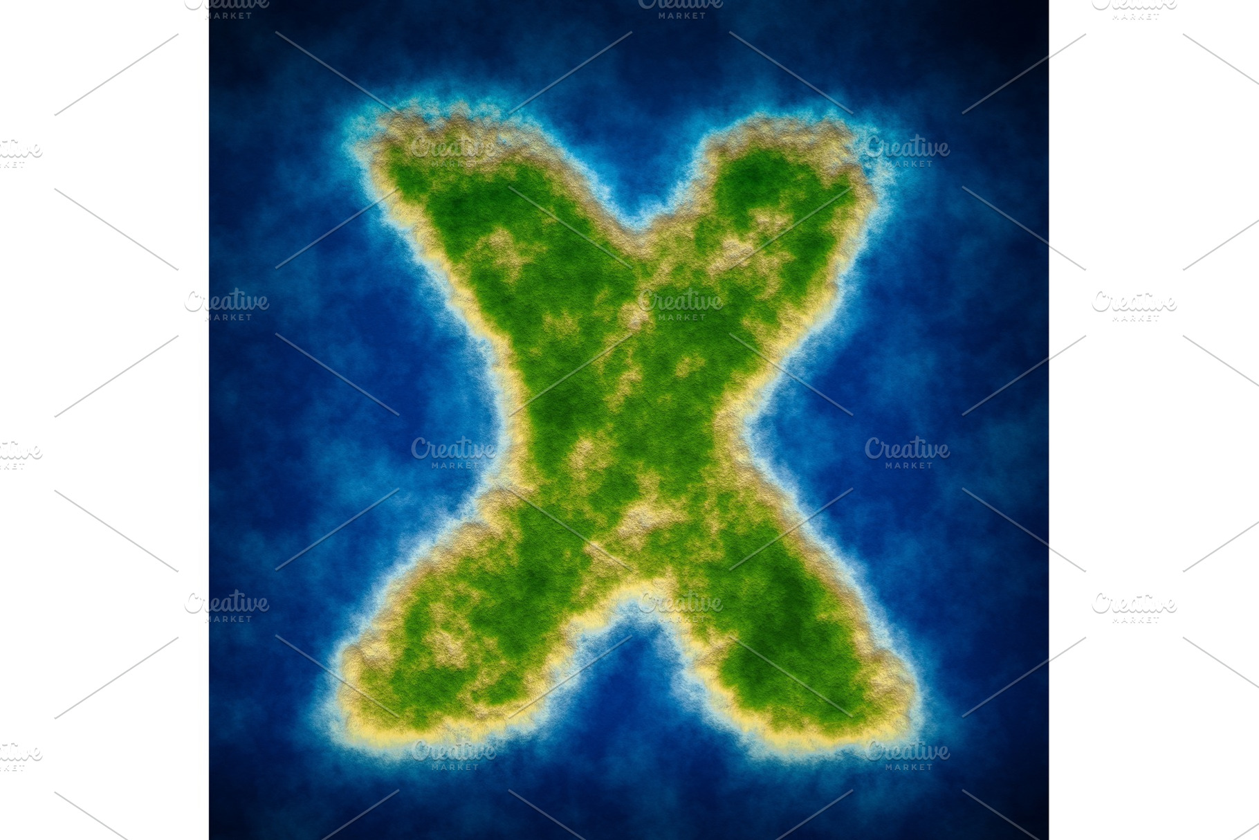 Detailed illustration of a green featuring x, island, and letter, a ...