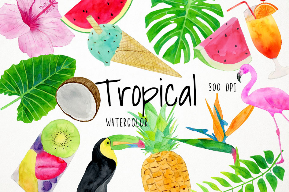 Watercolor Tropical Clipart, a Decorative Illustration by Paulaparaula