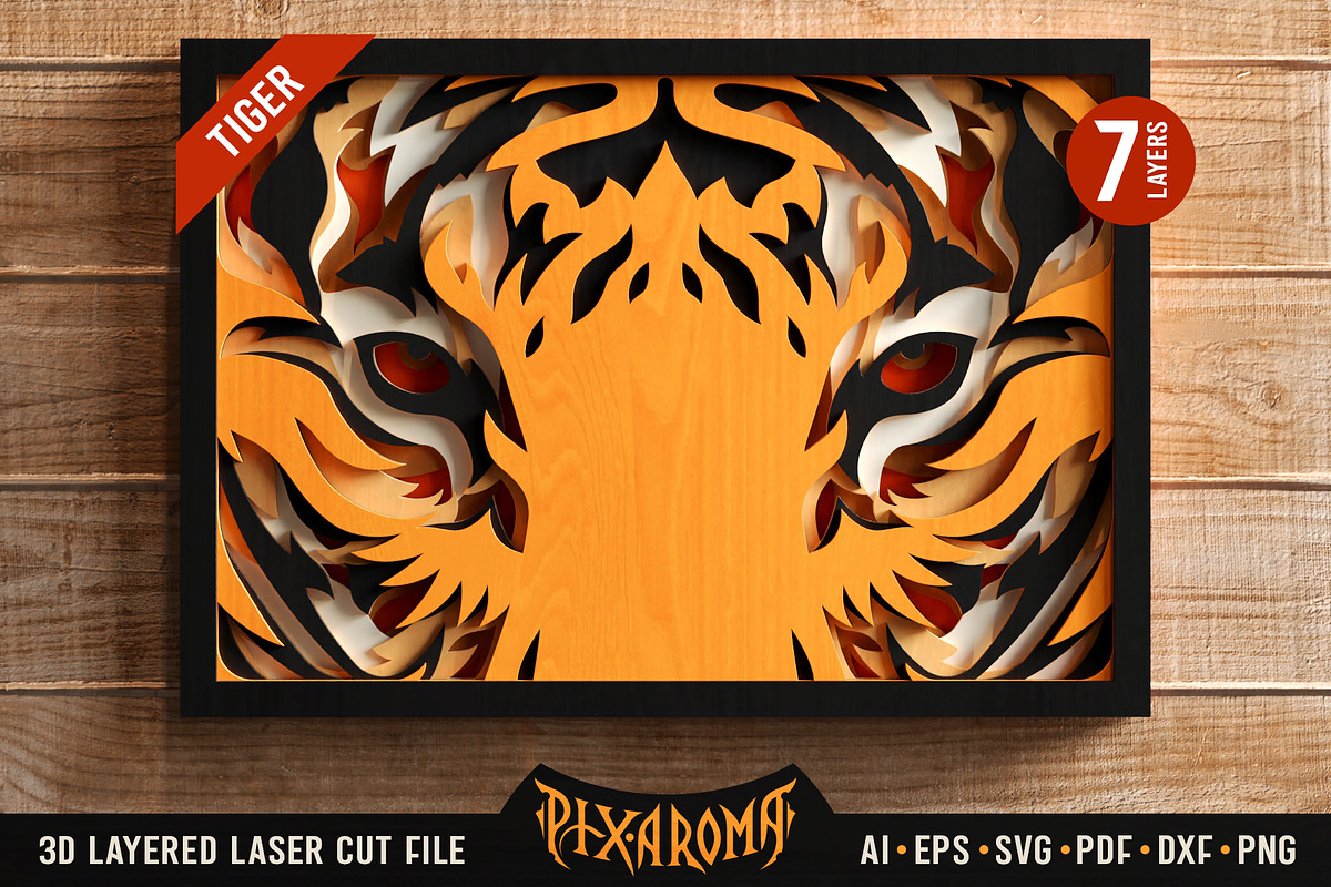 Tiger 3D Layered | Animal Laser Cut, an Animal Illustration by pixaroma
