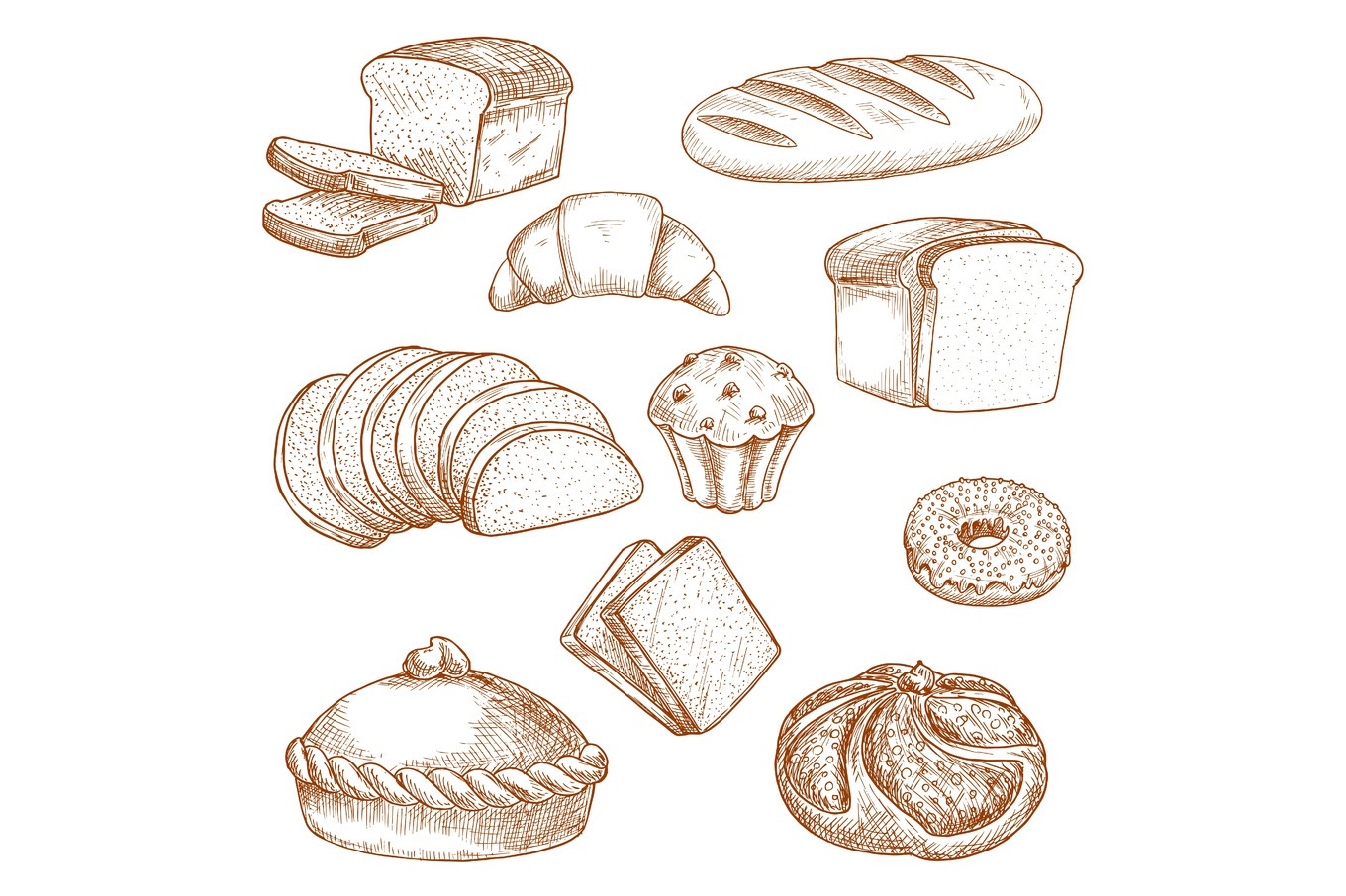 Pastry or bakery food and bread sketch, a Food Illustration by Vector ...