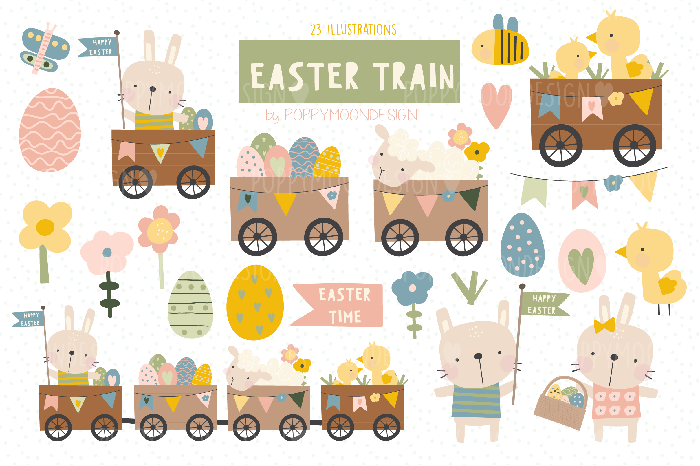 Easter train clipart set, an Illustration by Poppymoondesign