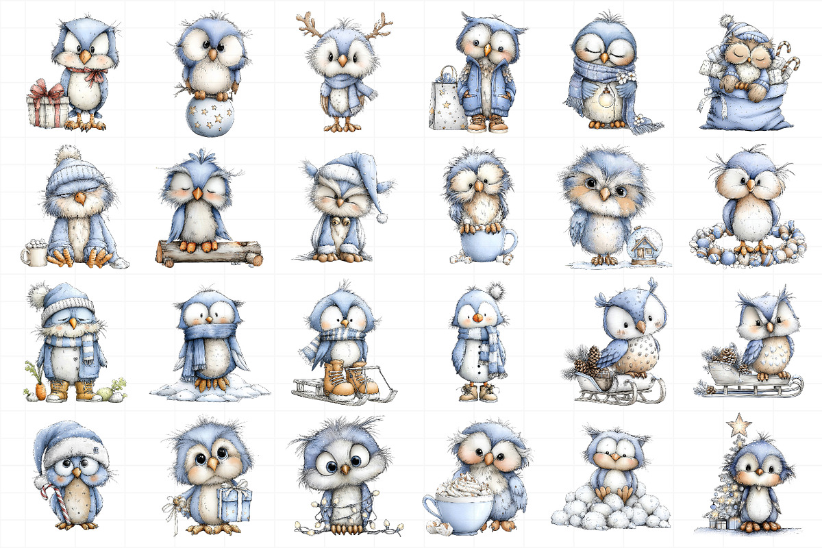 Whimsical Christmas Owl Clipart, an Illustration by Daily.Designs
