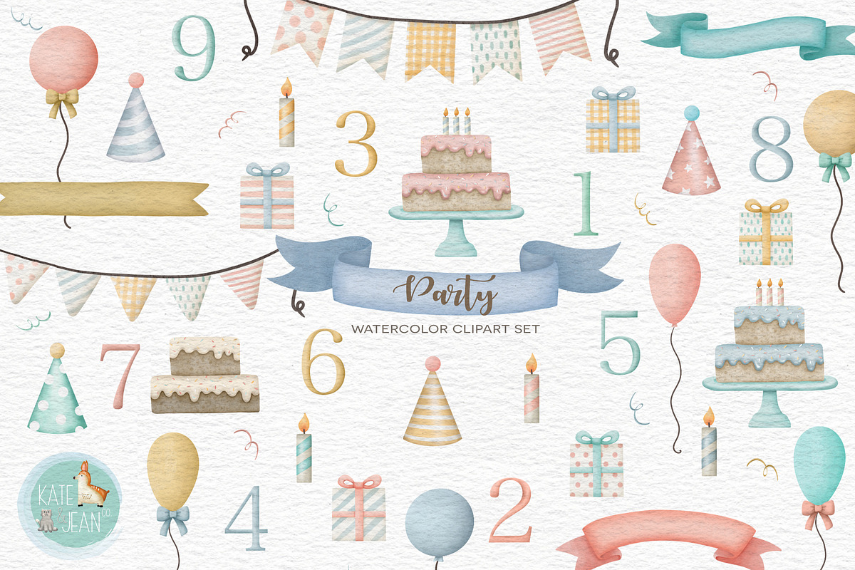 Watercolor Party Clipart Set, an Illustration by KateandJeanCo