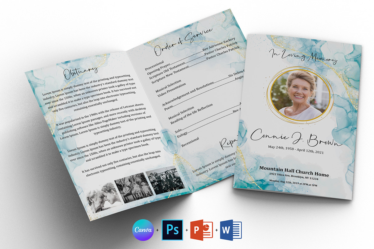 Turquoise Funeral Program Template, a Brochure Template by Designscozy