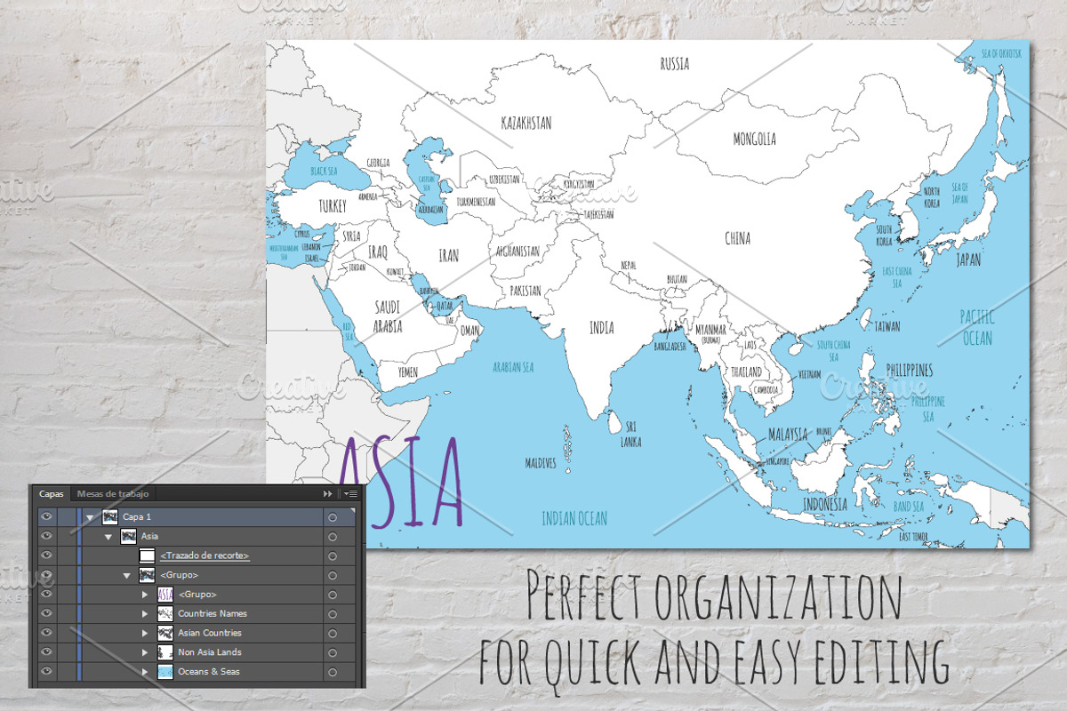 3x Asia Illustrated Vector Maps