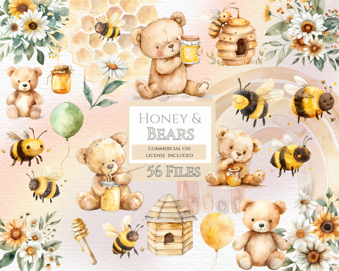 Bear and bee clipart, honey bee PNG, an Animal Illustration by Invite ...