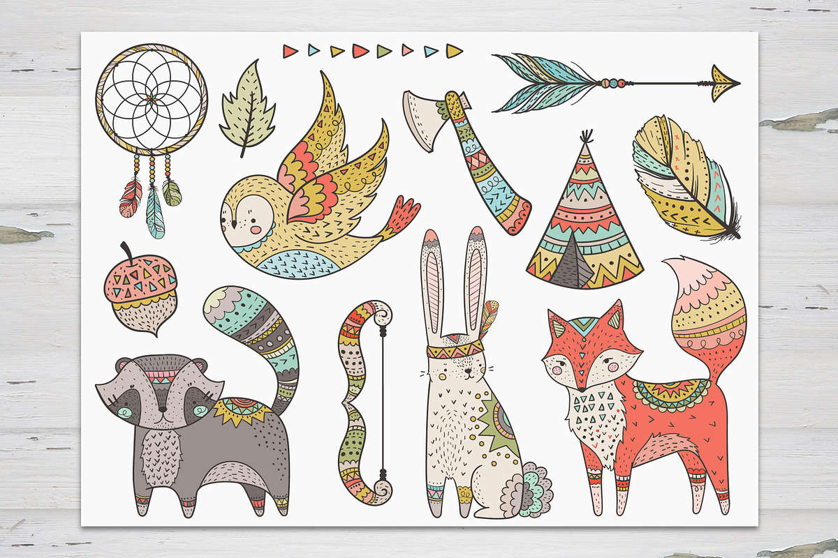 Woodland Tribal Illustration Set, an Animal Illustration by PetiteMarket