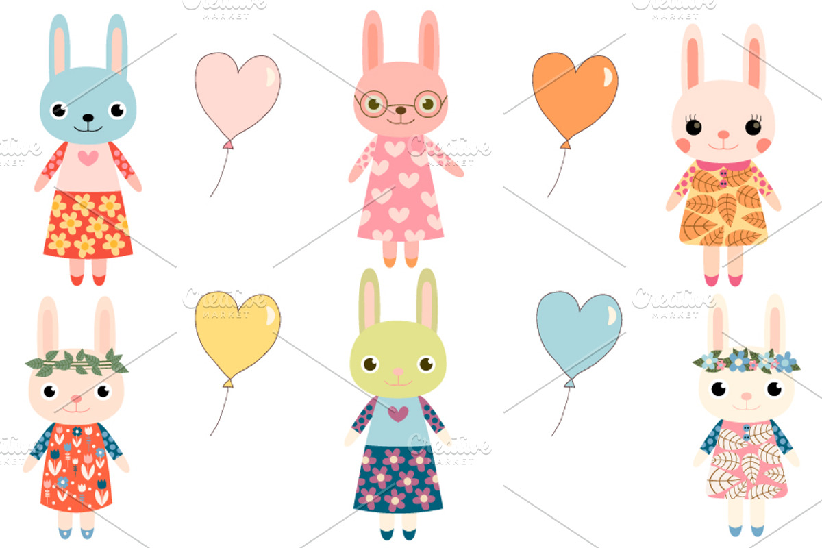 Cute colorful bunnies clipart set, an Animal Illustration by ...