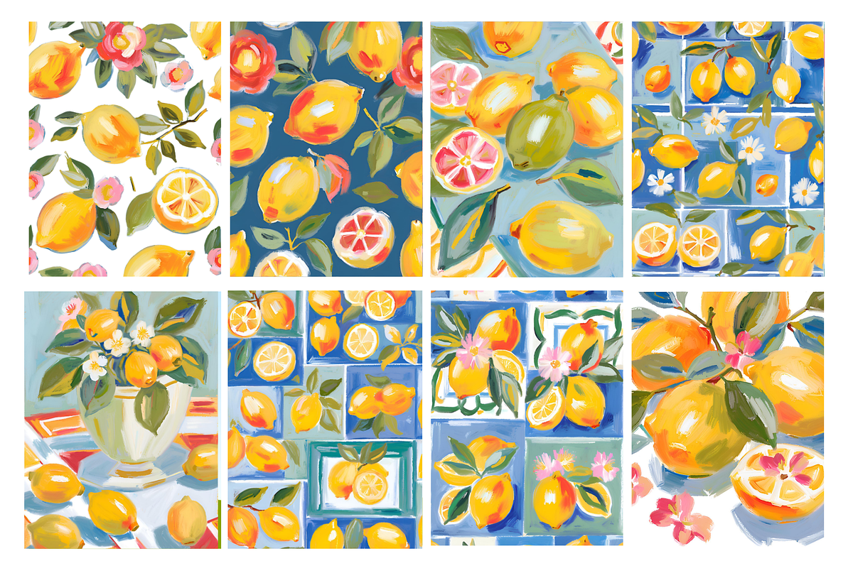 Summer lemon floral Mediterranean Blue tiles Floral Designs