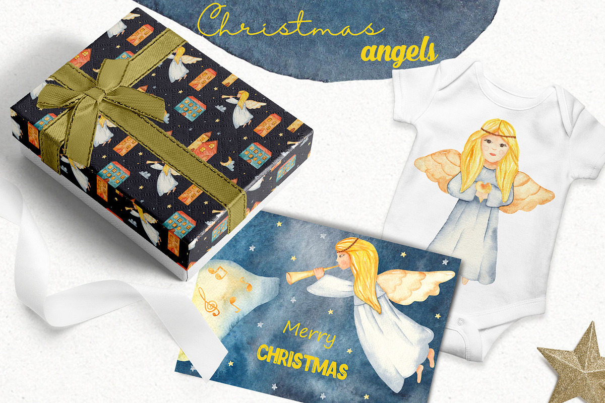 Christmas angels Watercolor clipart, an Illustration by Marina Ermakova