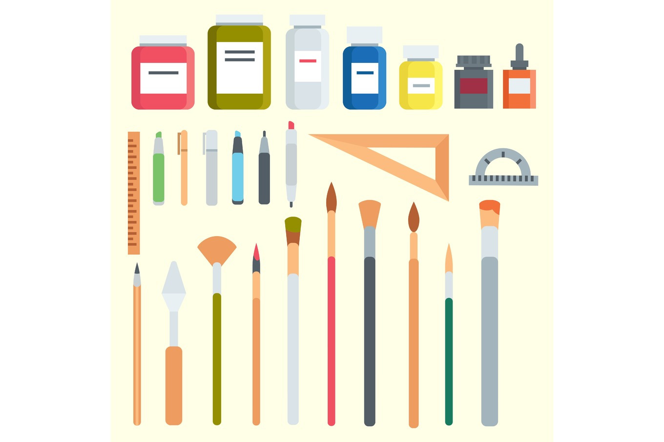 Art tools flat painting icons details stationery creative paint ...