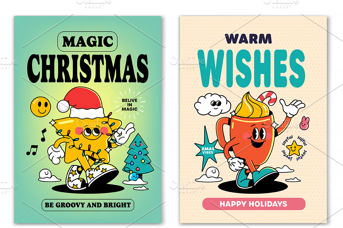 Groovy Christmas poster templates, a Seasonal Illustration by Creative ...
