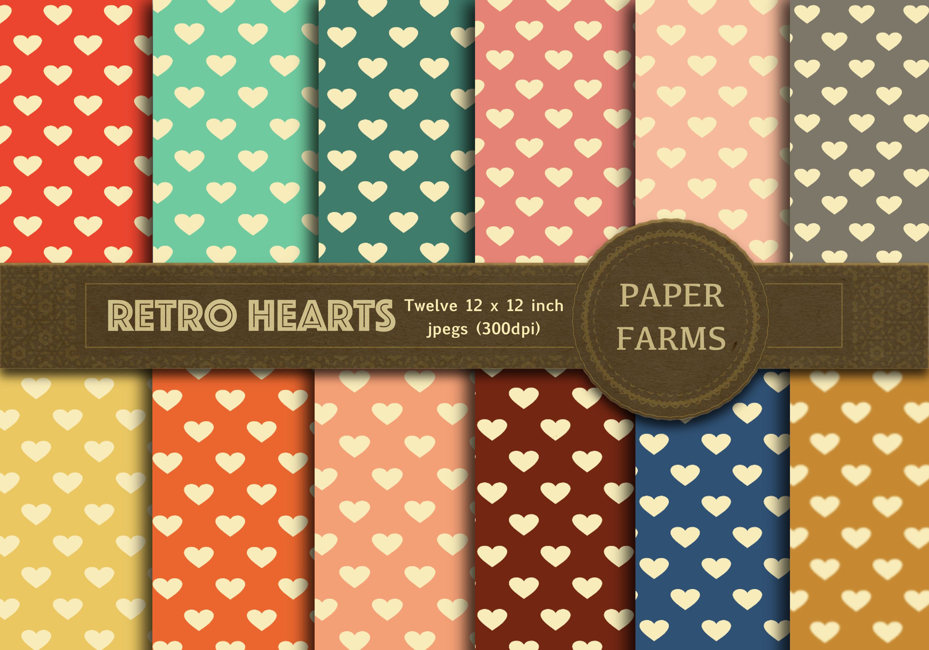 Retro hearts digital paper, a Pattern Graphic by Paper Farms