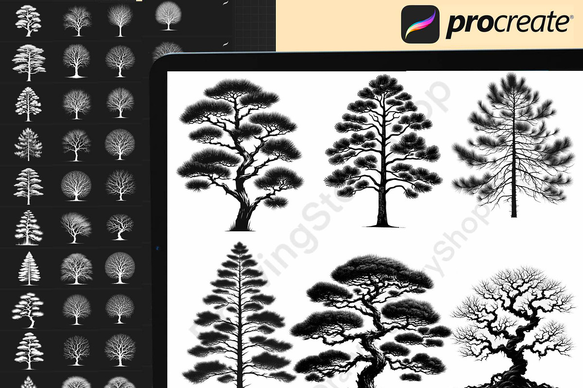 160 Procreate tree silhouette stamps, a Brush Add-On by DrawingStoryShop