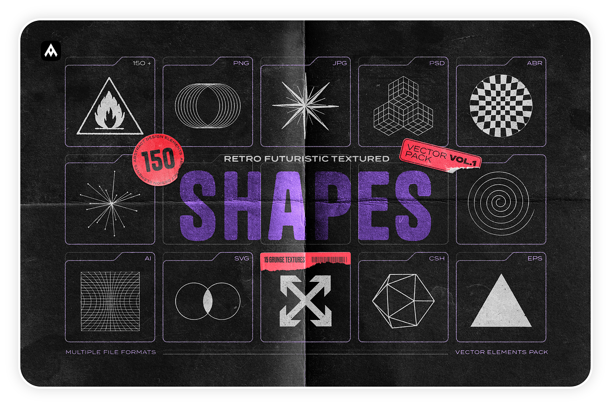 150 Retro-Futuristic Textured Shapes Pack