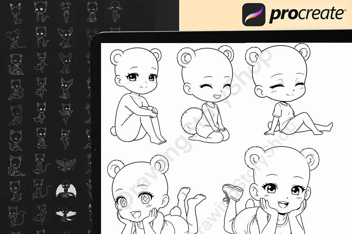 100Procreate Chibi Girl Animal Stamp, a Brush Add-On by DrawingStoryShop