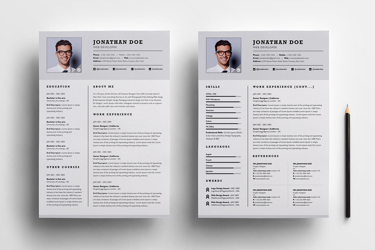 Professional two page resume set, a Resume Template by GraphicsEgg