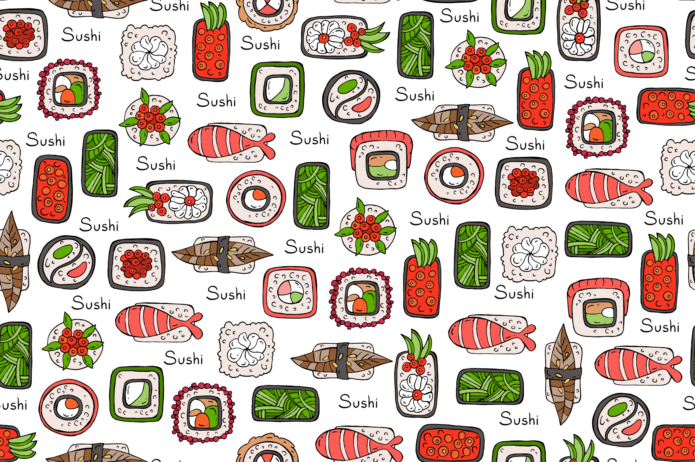 Pattern with hand drawn sushi, rolls, a Pattern Graphic by Olga Chuklay