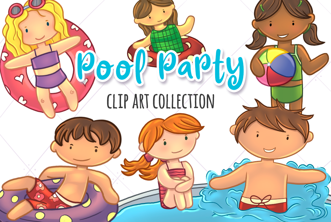 Kids Having A Pool Party Clip Art, an Illustration by Keepin' It Kawaii